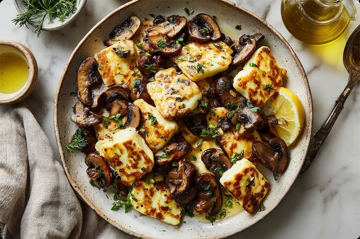 Easy Grilled Halloumi and Mushrooms Recipe For Dinner/Lunch