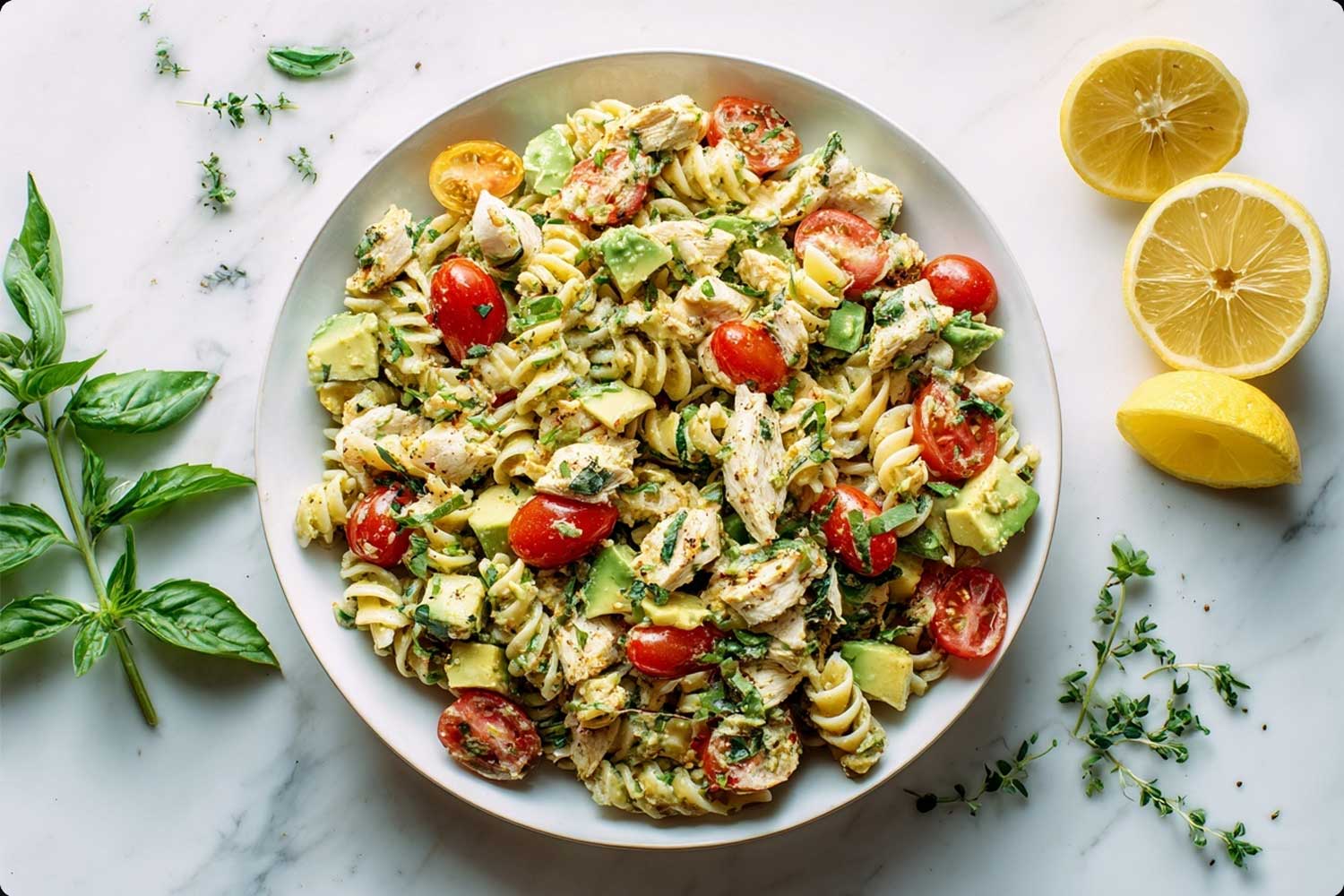 Healthy Chicken Pasta Salad with Avocado & Tomato