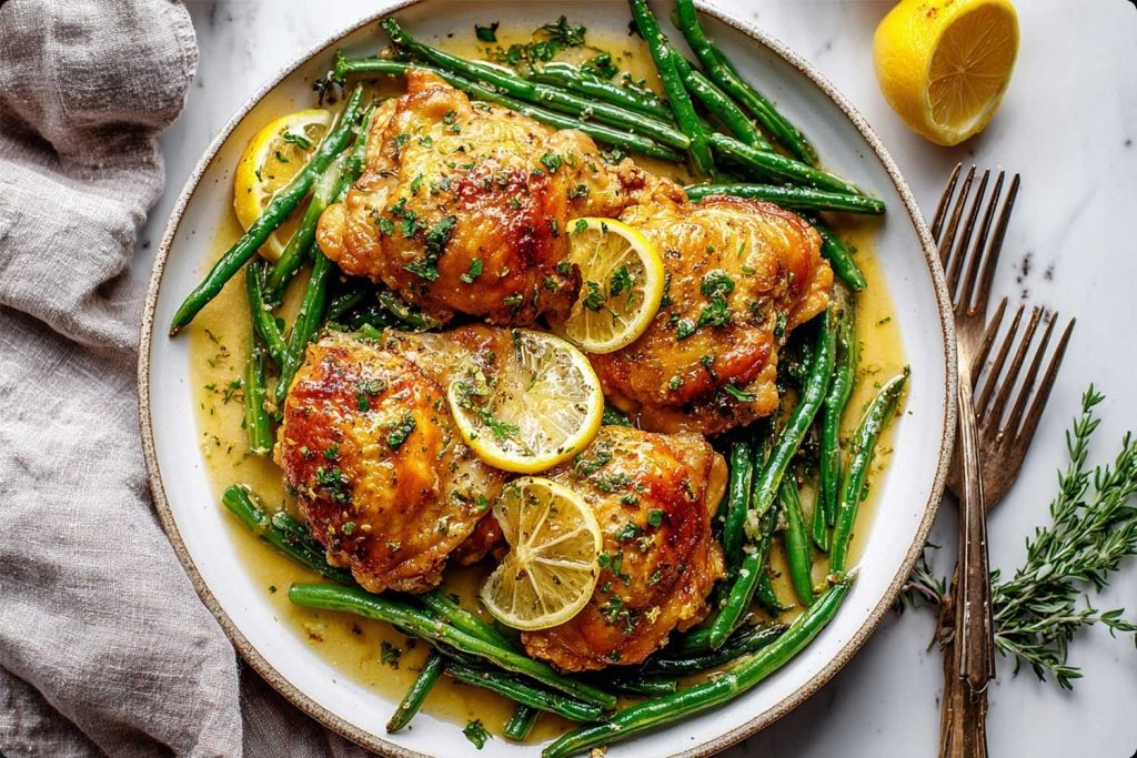 Lemon Garlic Butter Chicken Thighs Recipe with Green Beans Skillet